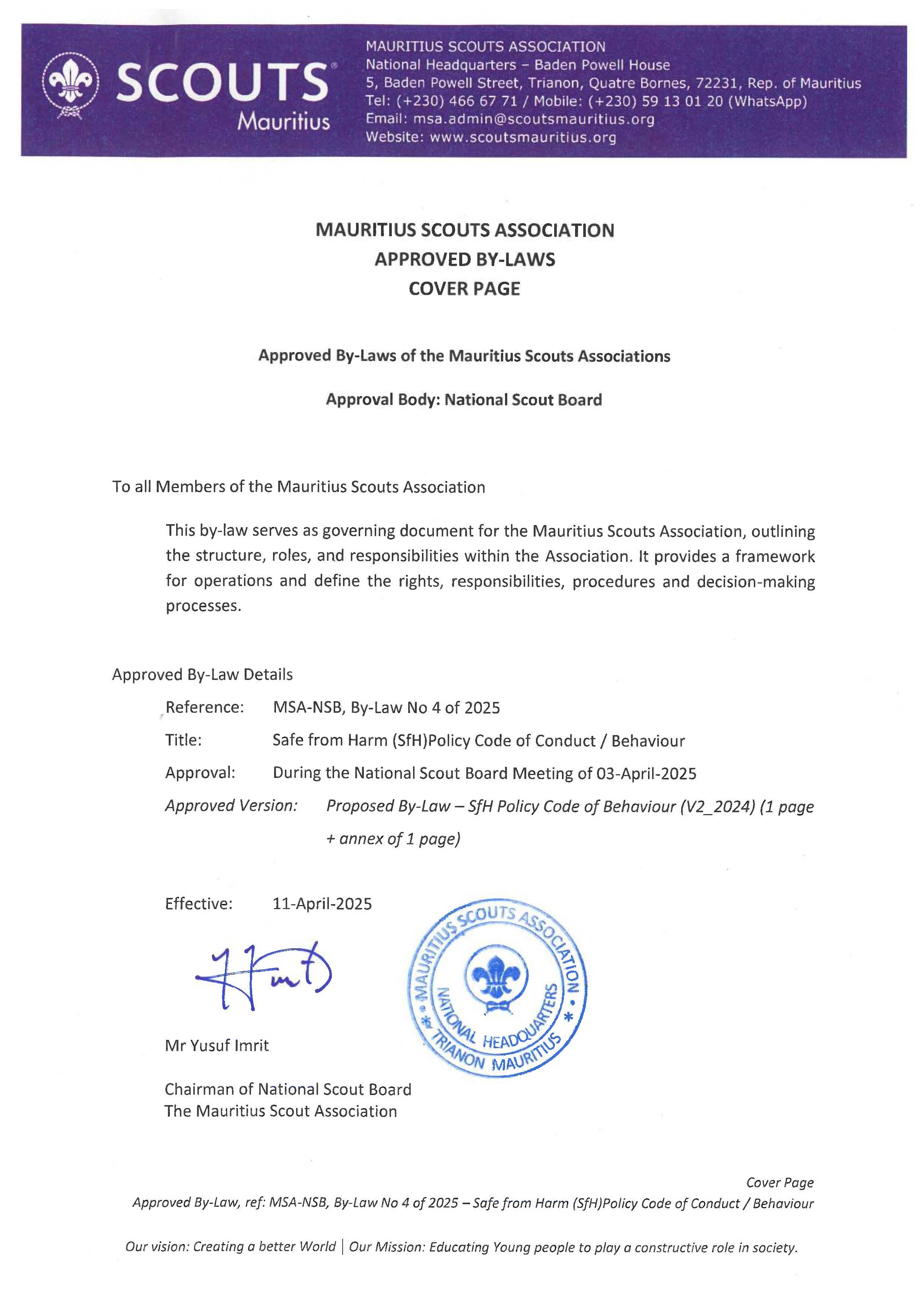 MSA-NSB, By-Law No 4 of 2025 - Safe from Harm (SfH)Policy Code of ...