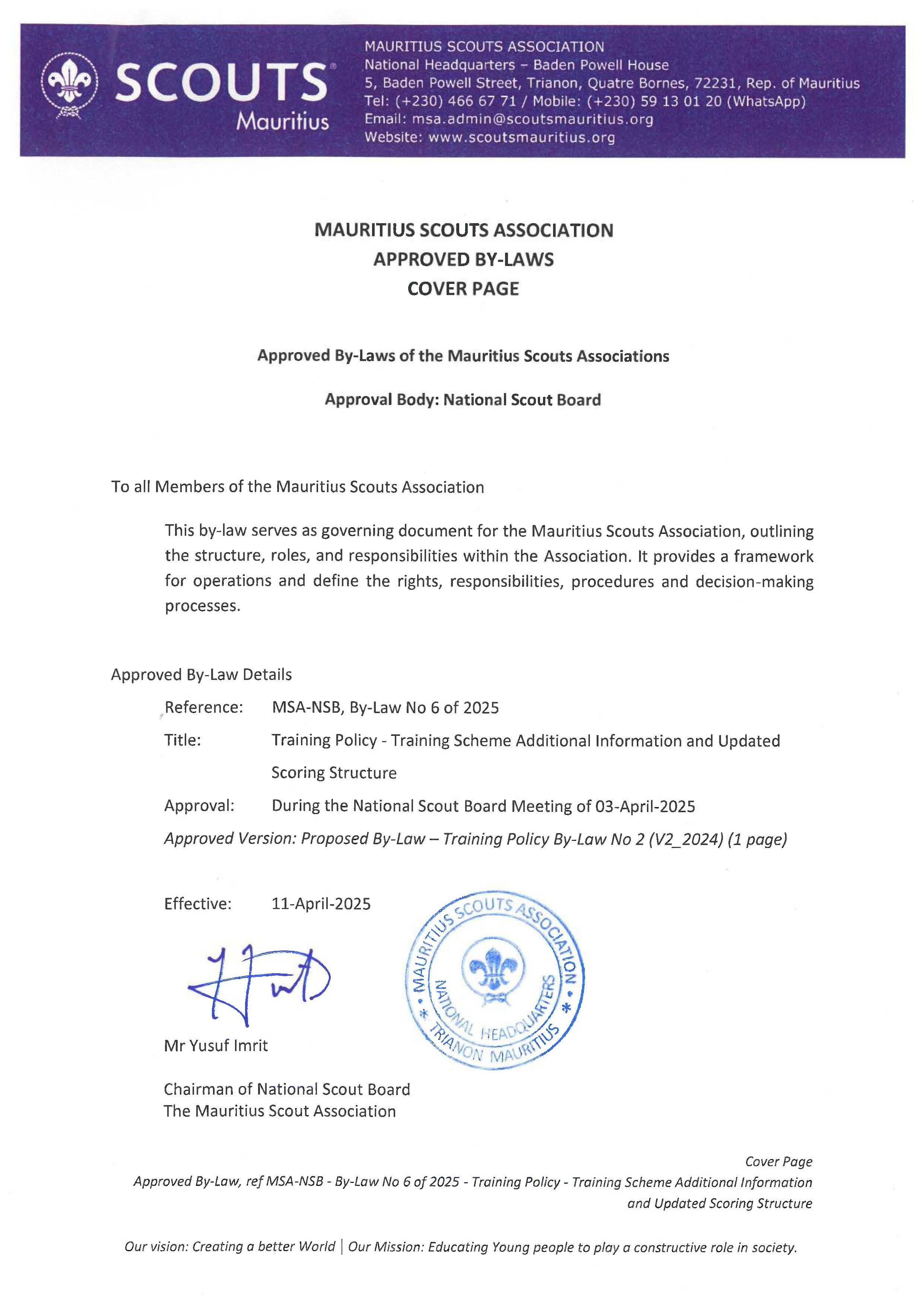 MSA-NSB, By-Law No 6 of 2025 – Training Policy - Training Scheme ...